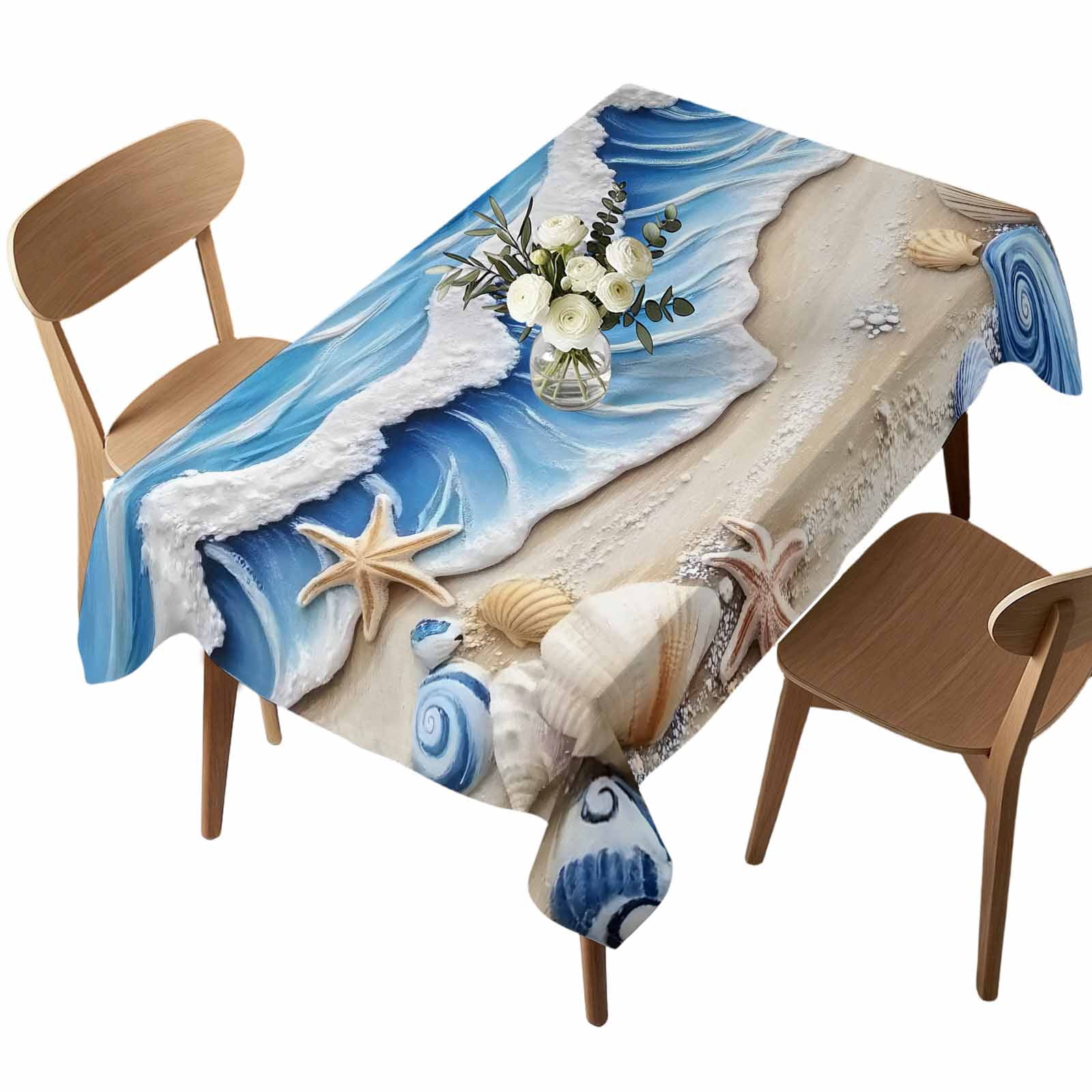 Blue Theme Rectangle Tablecloth Beach Ocean Wave Starfish Shell Coastal ...