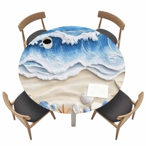 Blue Theme Round Fitted Tablecloth with Elastic Edge Beach Ocean Wave ...