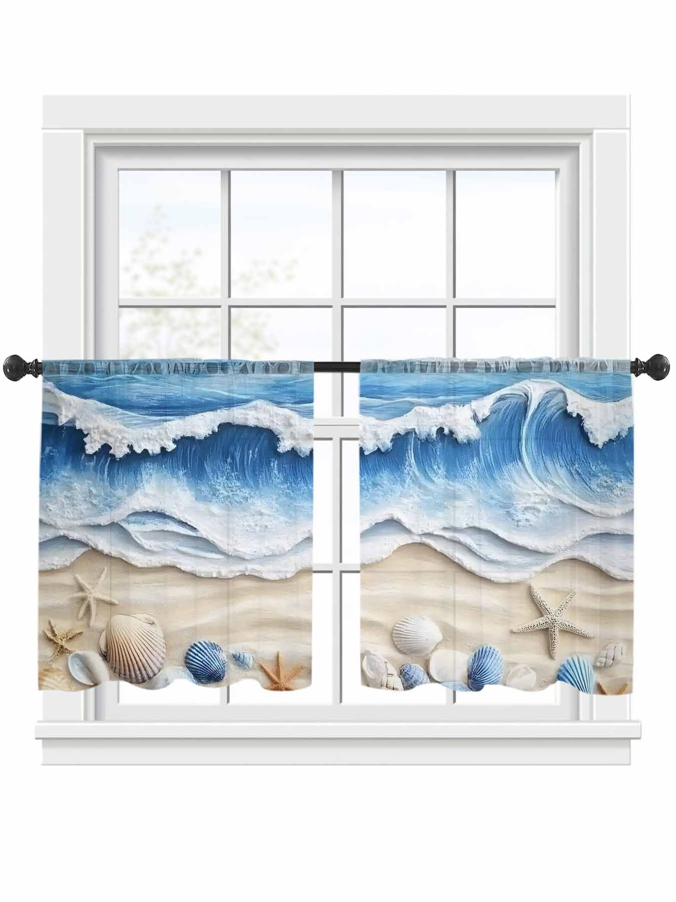 Blue Theme Sheer Curtains 54 Inch Long 2 Panels, Beach Ocean Wave Shell ...