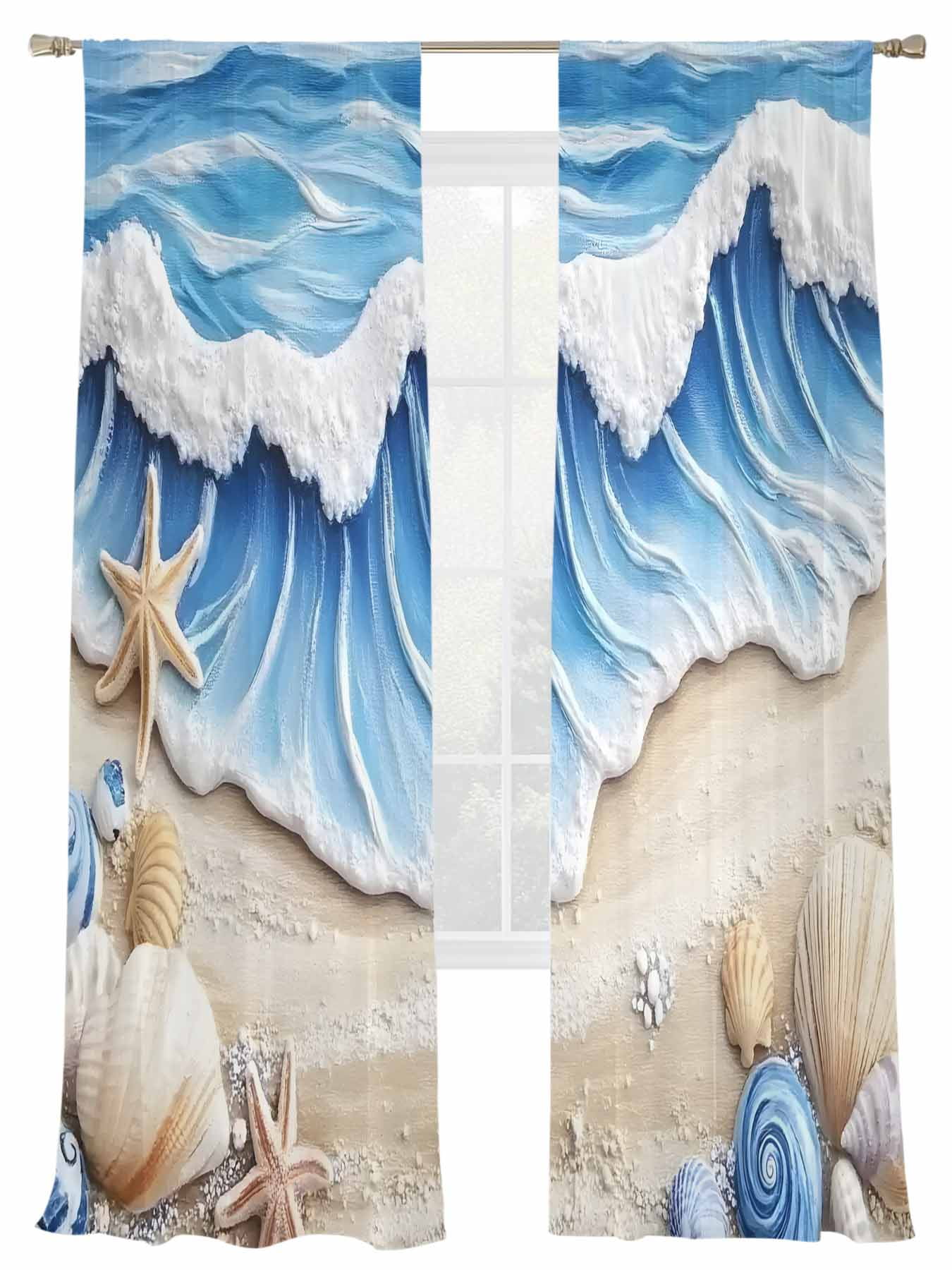 Blue Theme Sheer Curtains 84 Inch Long 2 Panels, Beach Ocean Wave ...