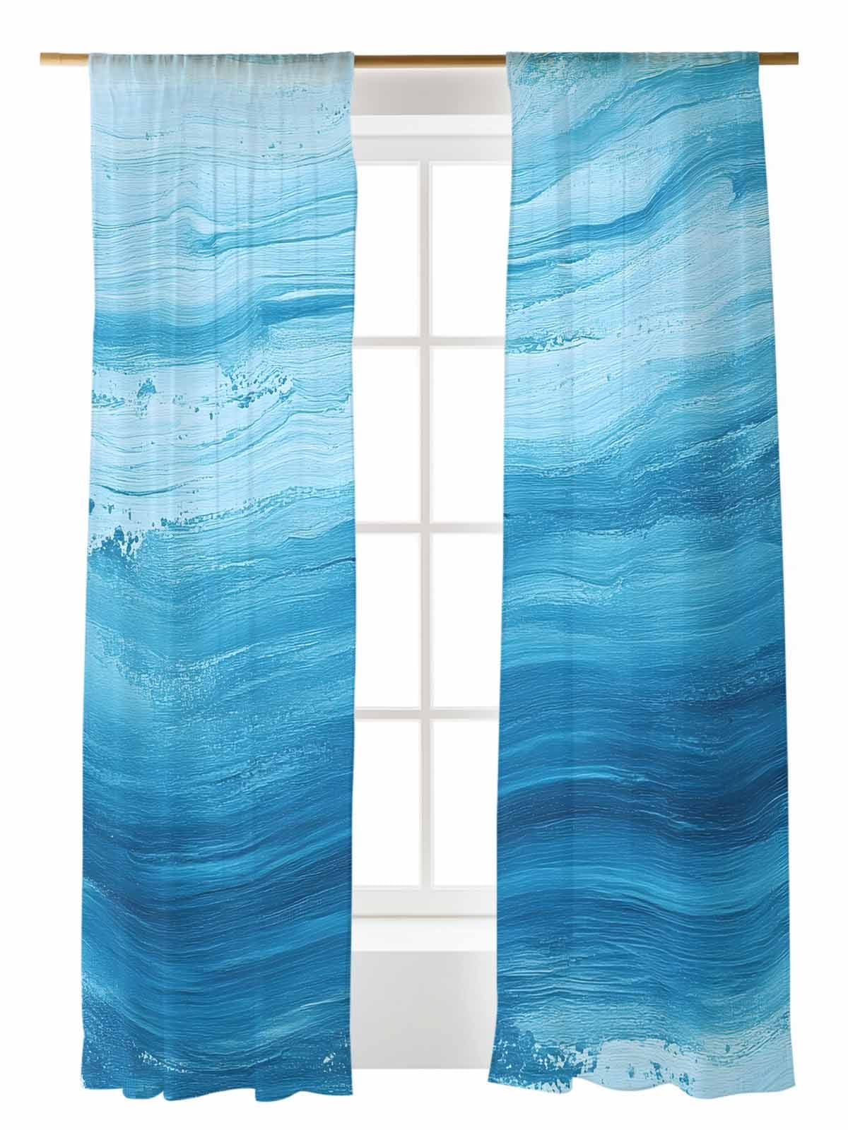 Blue Theme Sheer Curtains 96 Inch Long 2 Panels, Ocean Waves Abstract ...