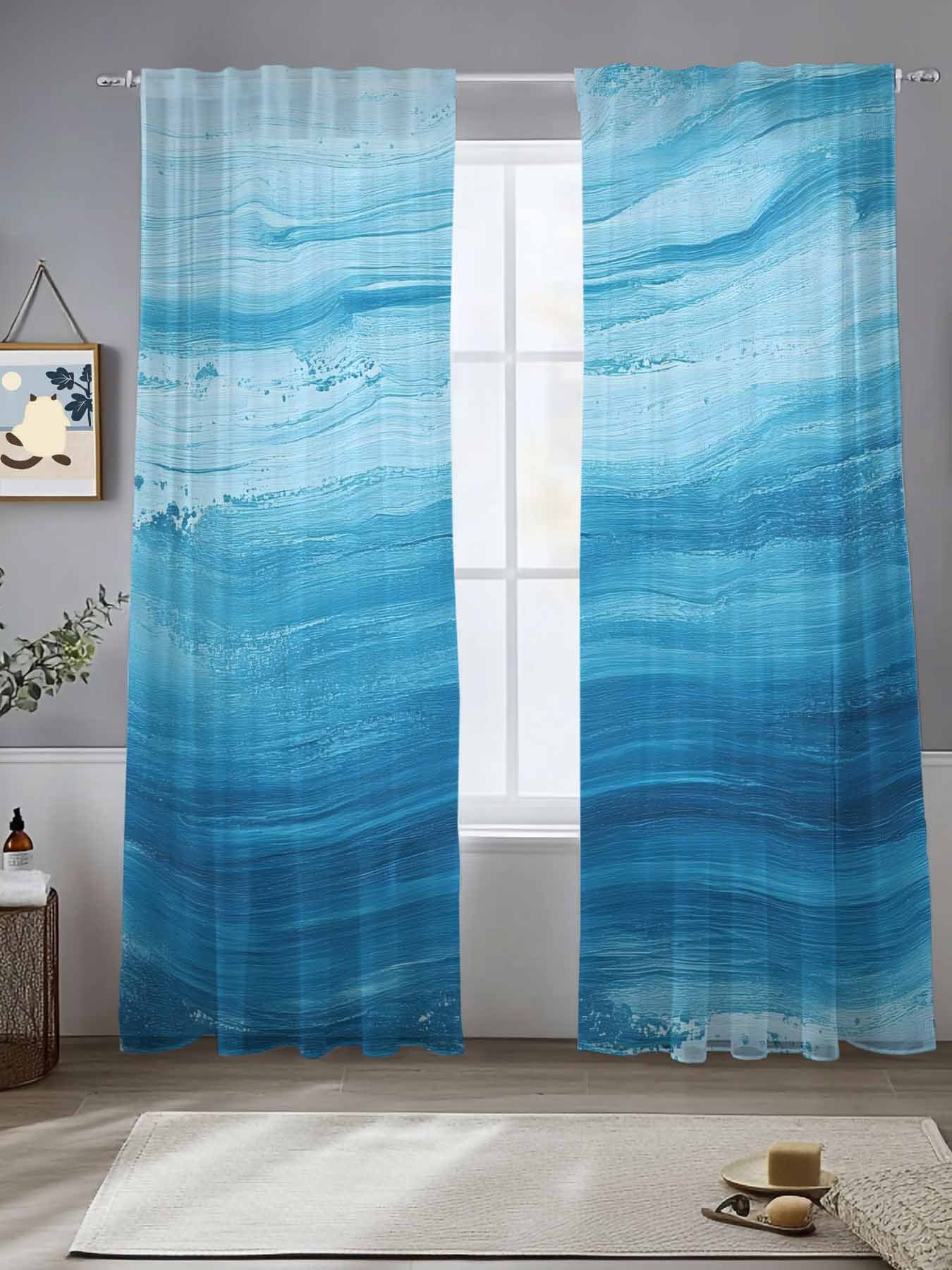 Blue Theme Sheer Curtains 96 Inches Long 2 Panels Ocean Waves Abstract ...