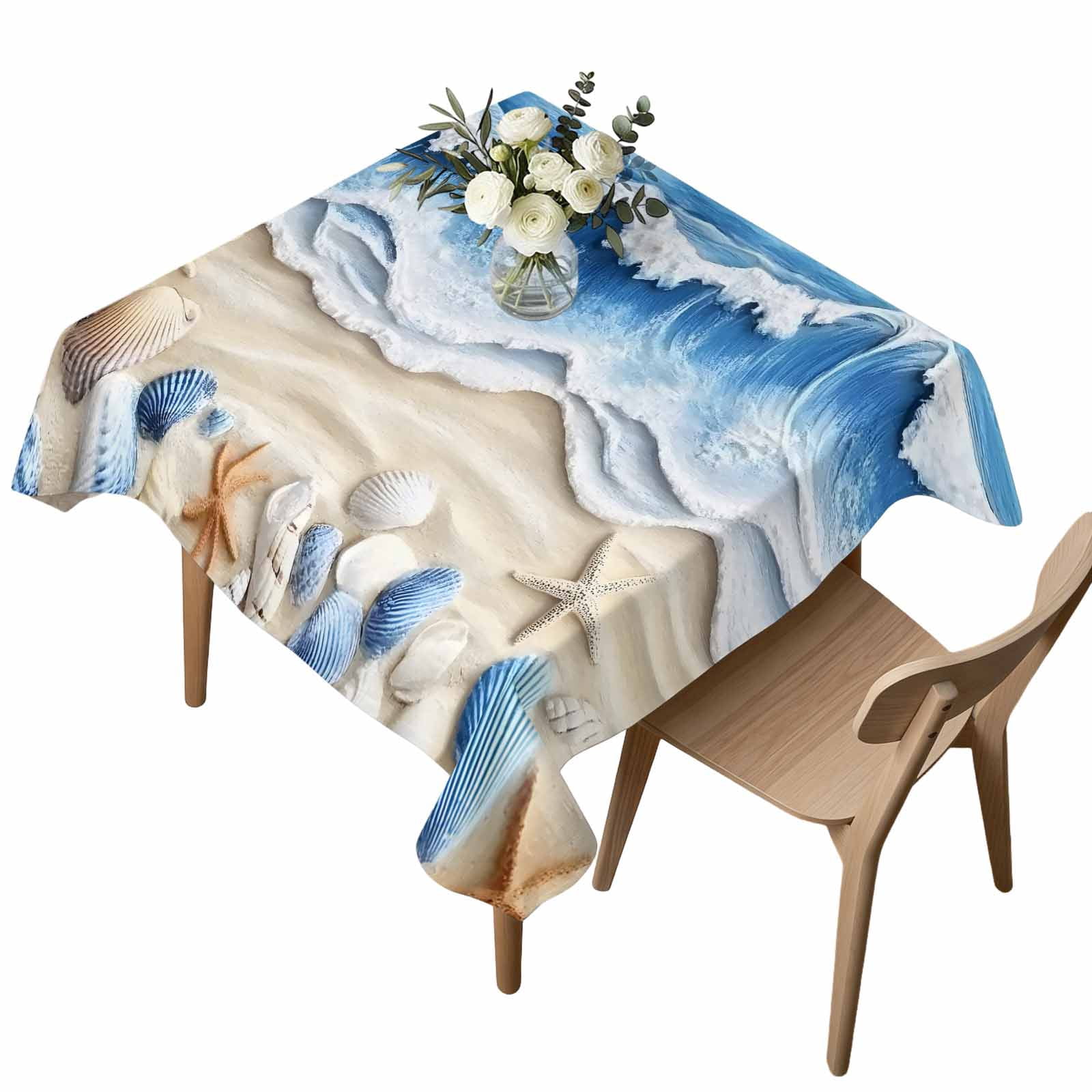 Blue Theme Square Tablecloth Beach Ocean Wave Shell Starfish Coastal ...
