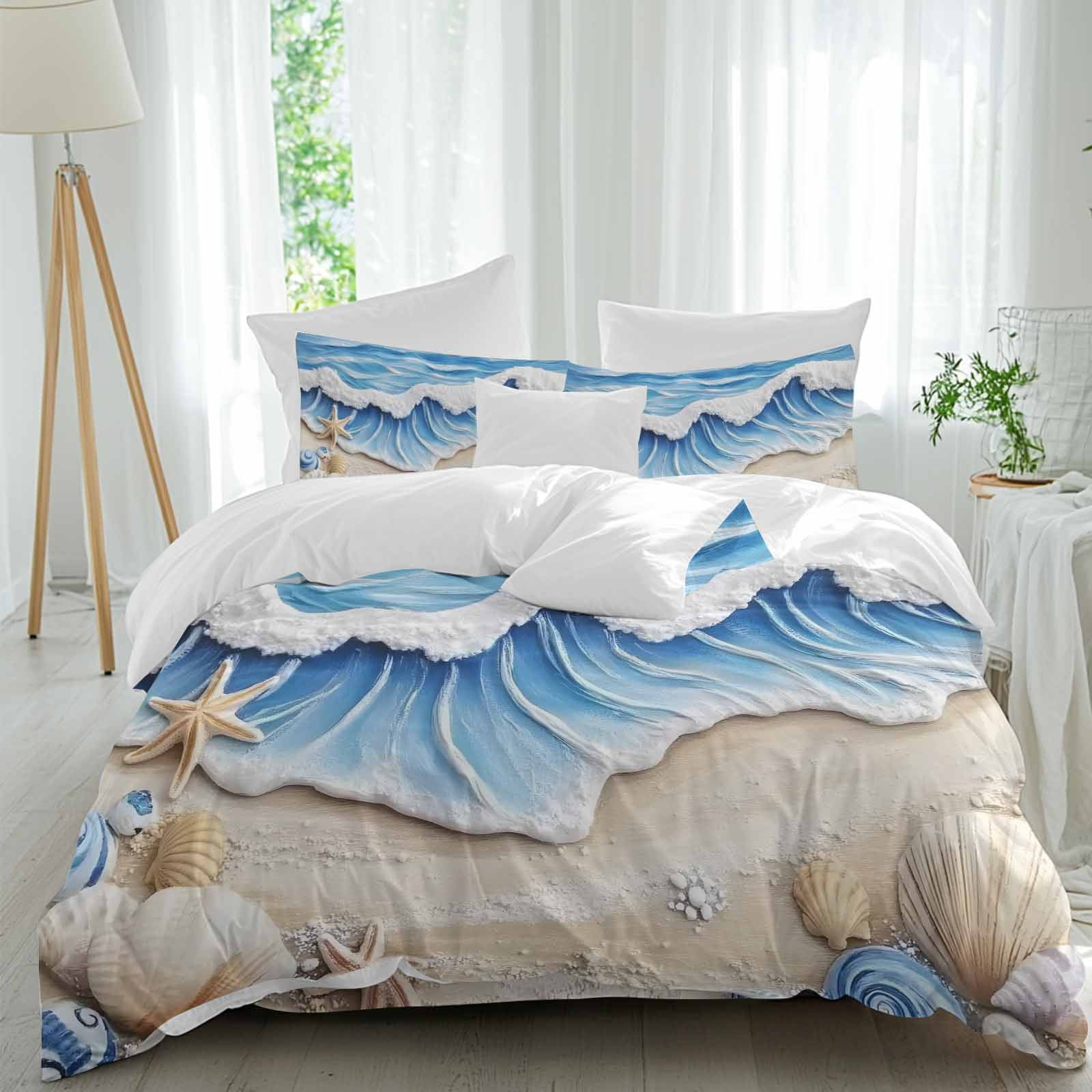 Blue Theme Twin Size Comforter Set, Beach Ocean Wave Starfish Shell ...