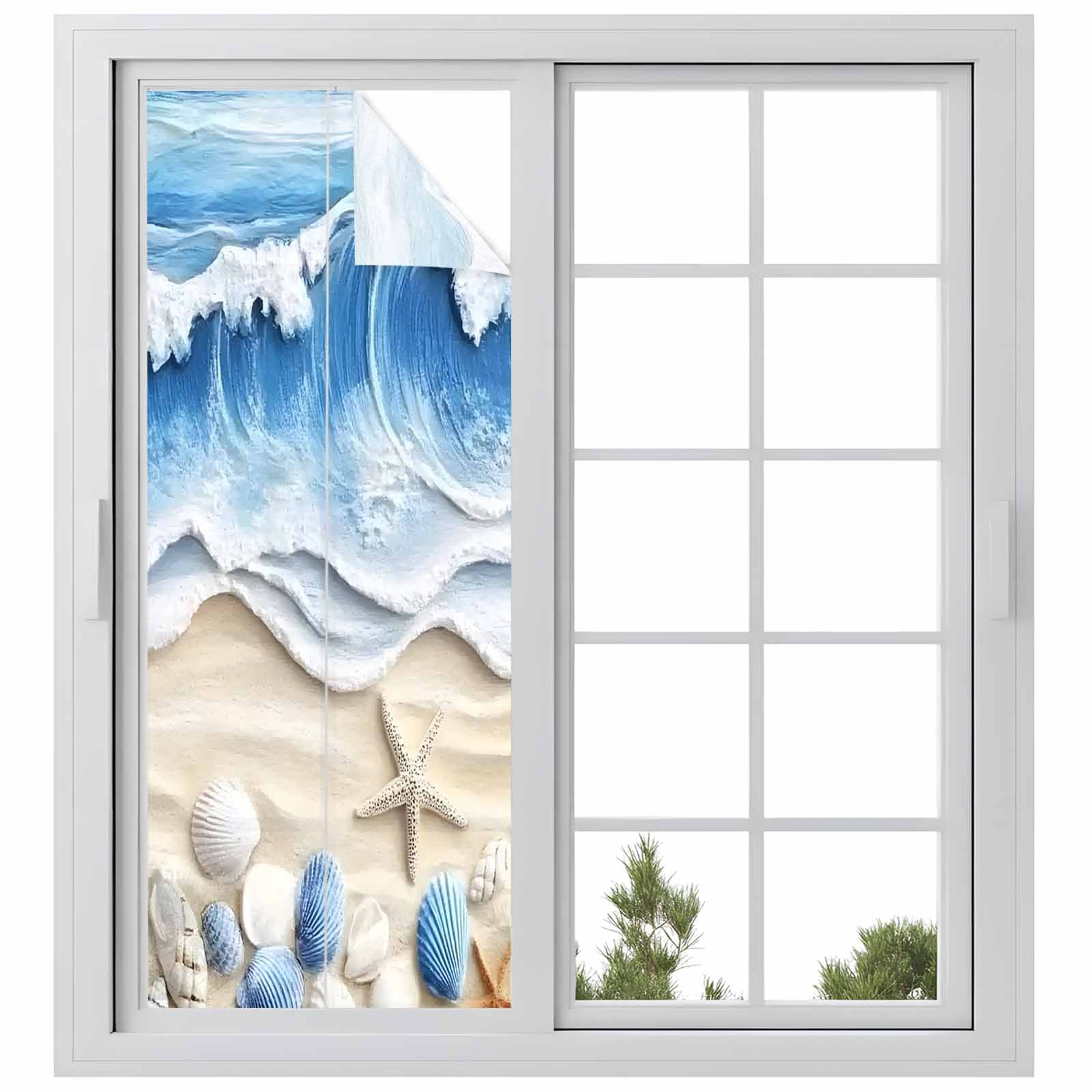 Blue Theme Window Privacy Film, Beach Ocean Wave Shell Starfish Coastal ...
