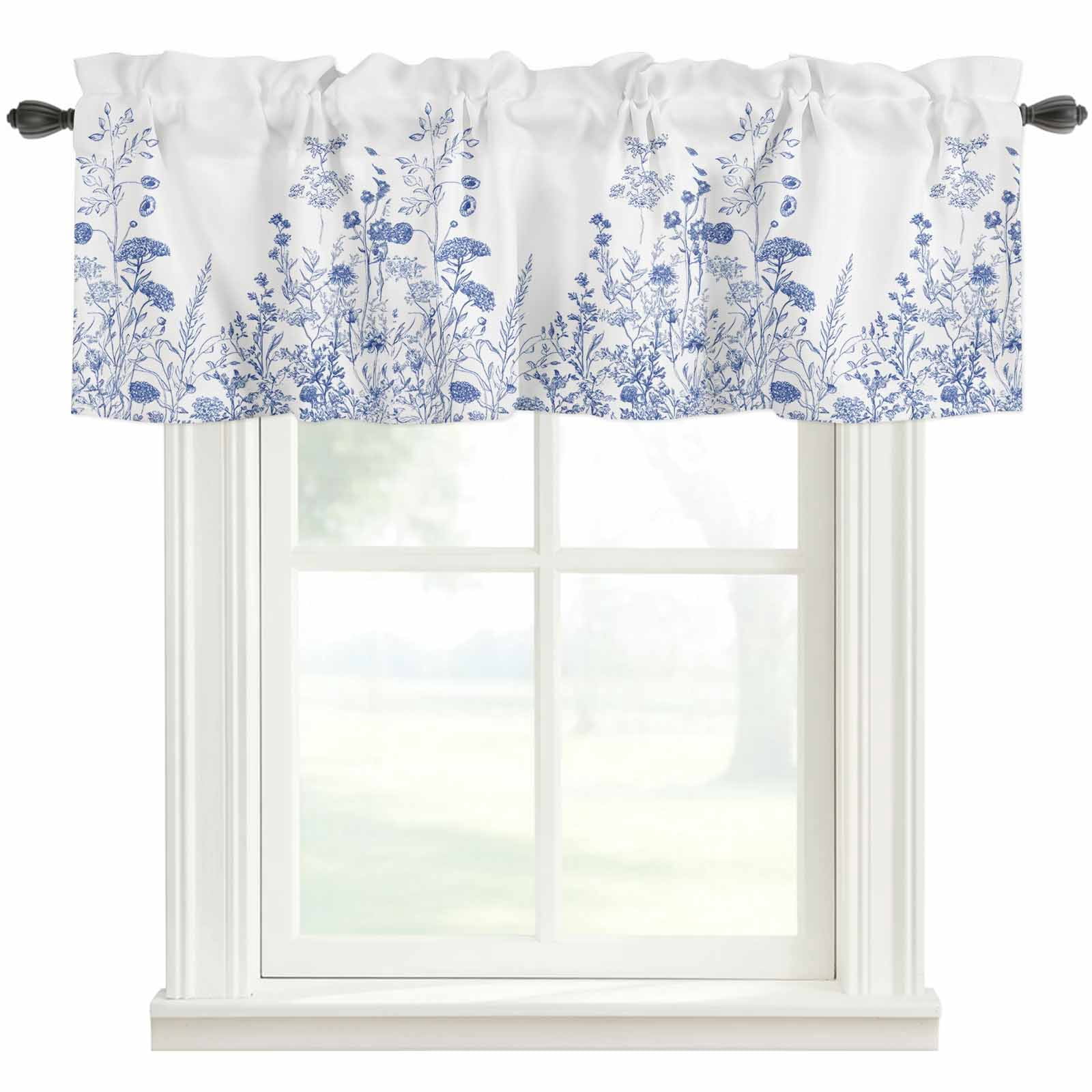 Blue Theme Window Valance Curtain Blue Flower Rod Pocket Short Curtain ...