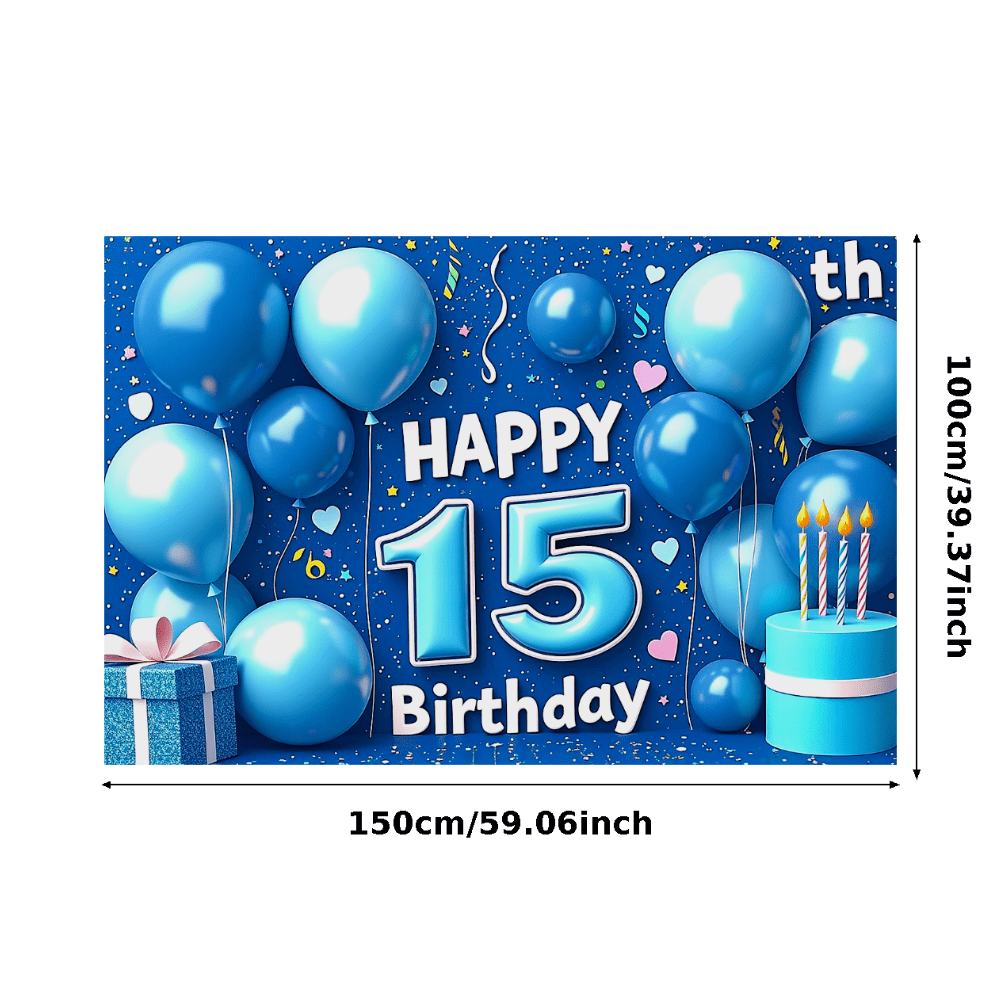 Blue Themed 15th Birthday Backdrop Banner with Balloon Candle and Gift ...