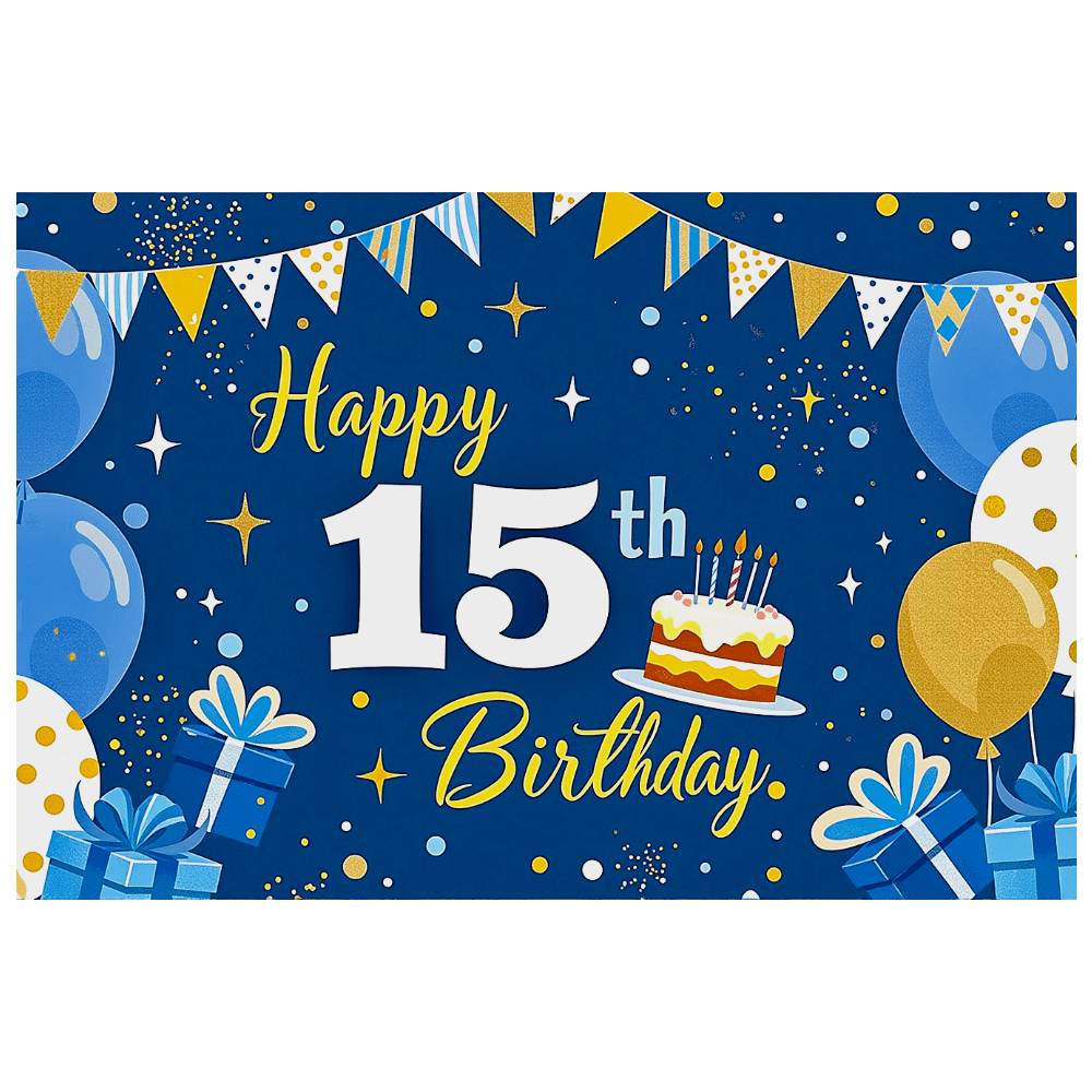 Blue Themed 15th Birthday Backdrop Banner with Balloons Cake Presents ...