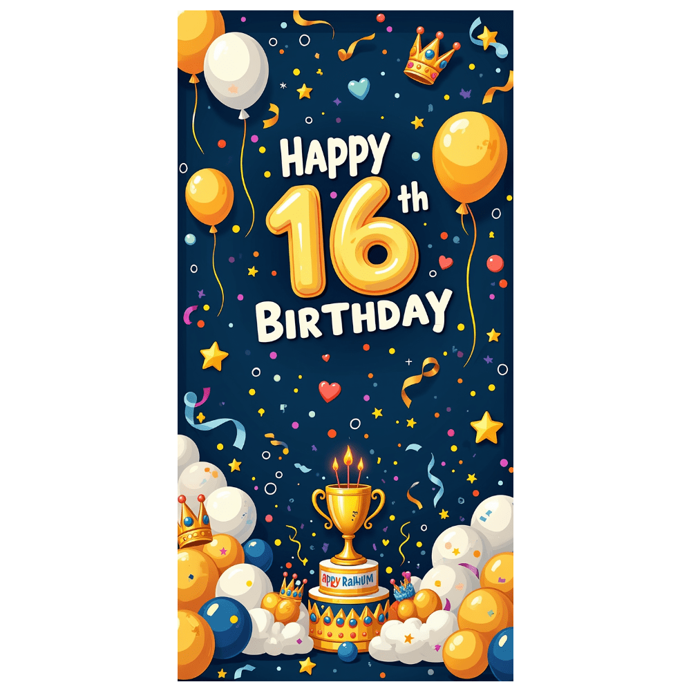 Blue Themed 16th Birthday Backdrop Banner with Balloon Star Heart ...