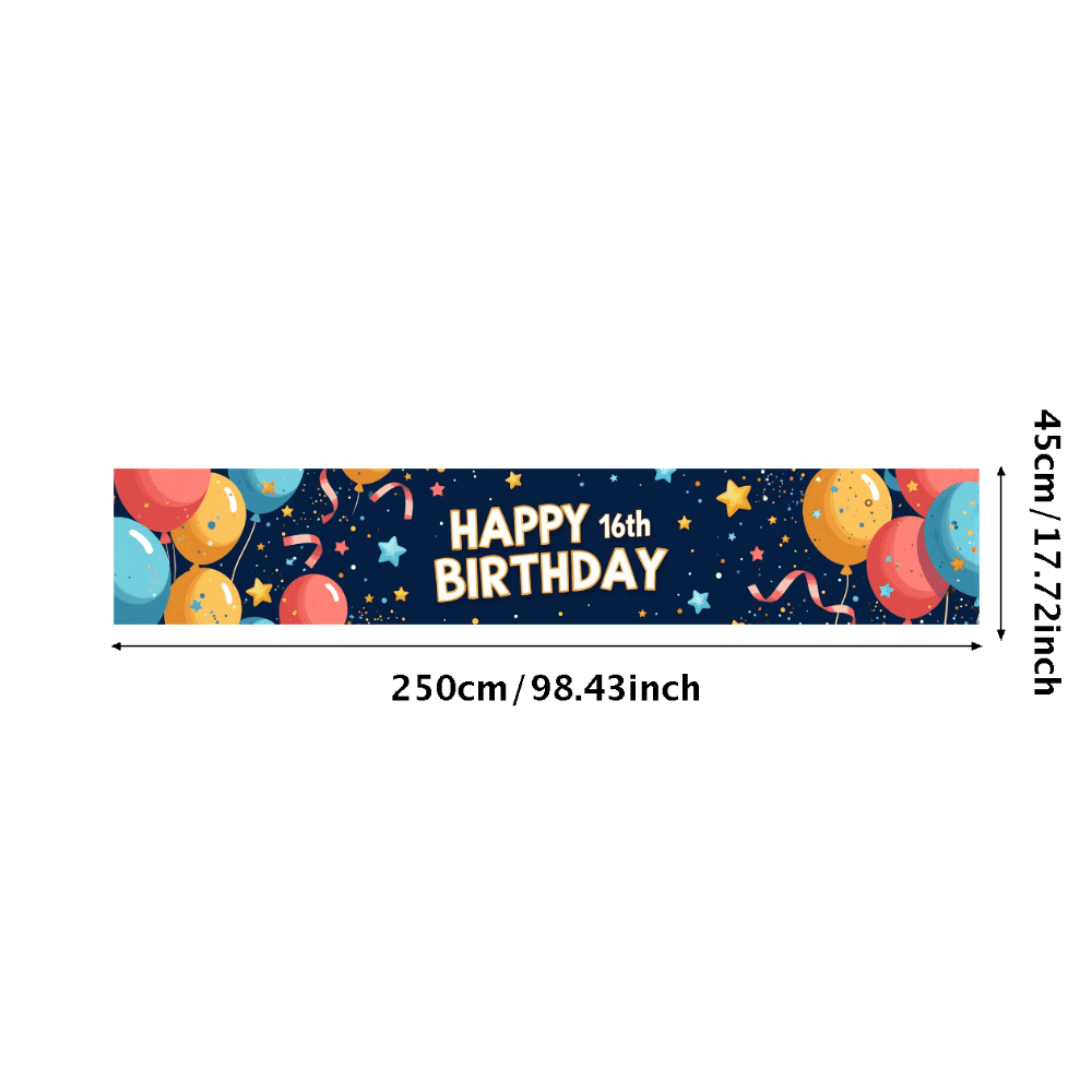 Blue Themed 16th Birthday Backdrop Banner with Balloon Star Heart ...