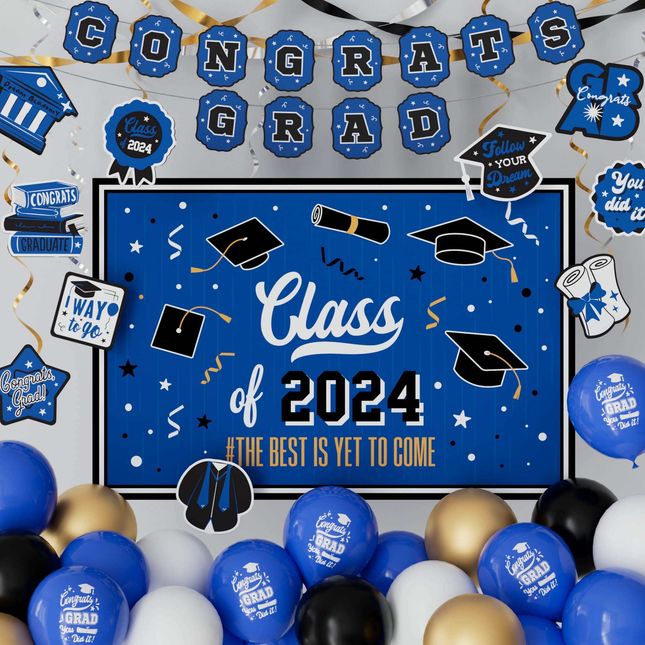 Blue Themed 2024 Graduation MMF7 Decorations Set with 46PCS Latex ...
