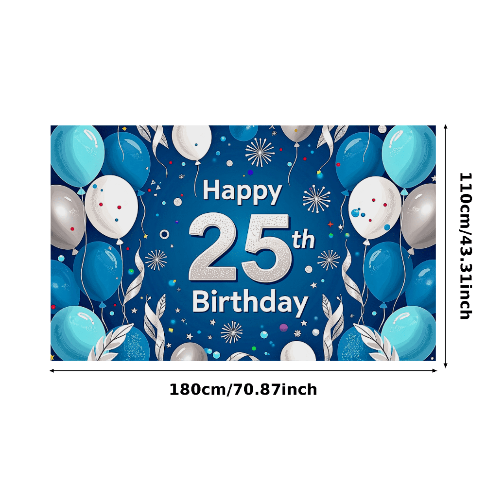 Blue Themed 25th Birthday Backdrop Banner with Balloons Fireworks ...