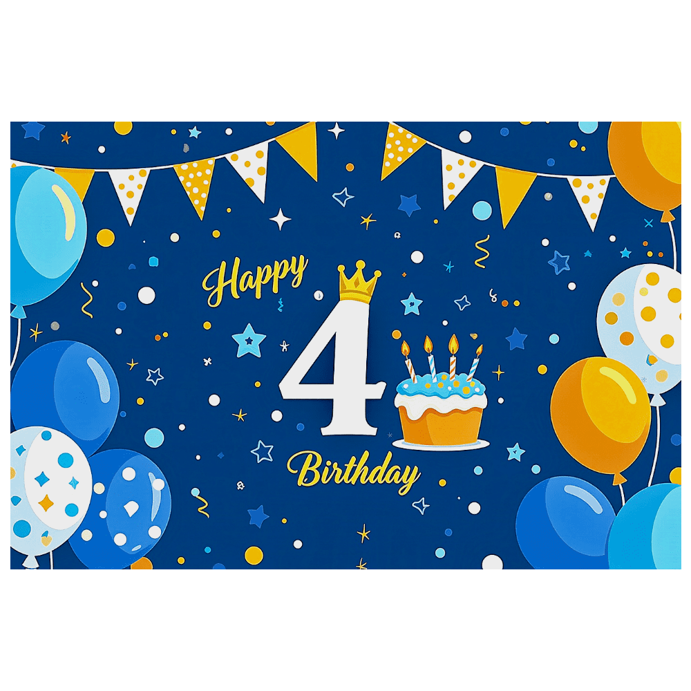 Blue Themed 4th Birthday Backdrop Banner with Crown Cake Balloons and ...