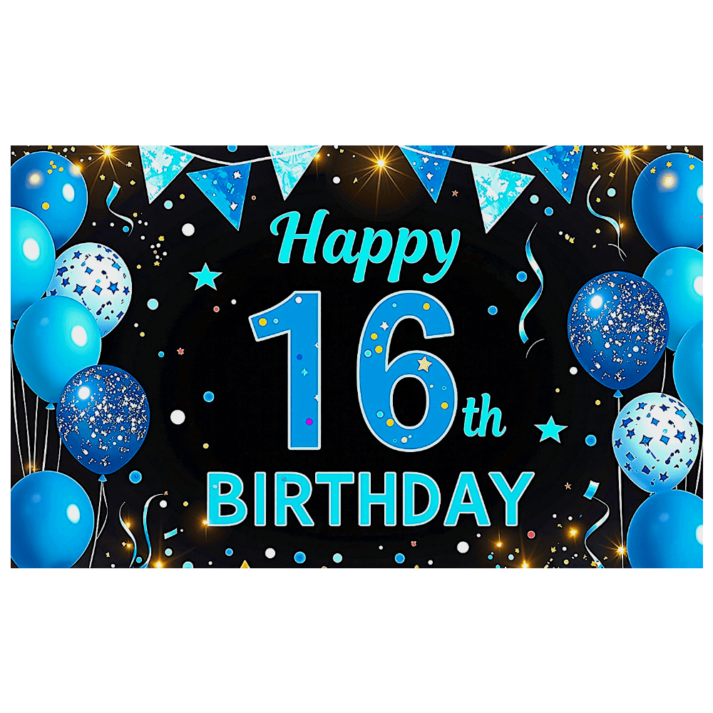 Blue Themed Happy 16th Birthday Banner with Balloons Stars Party ...