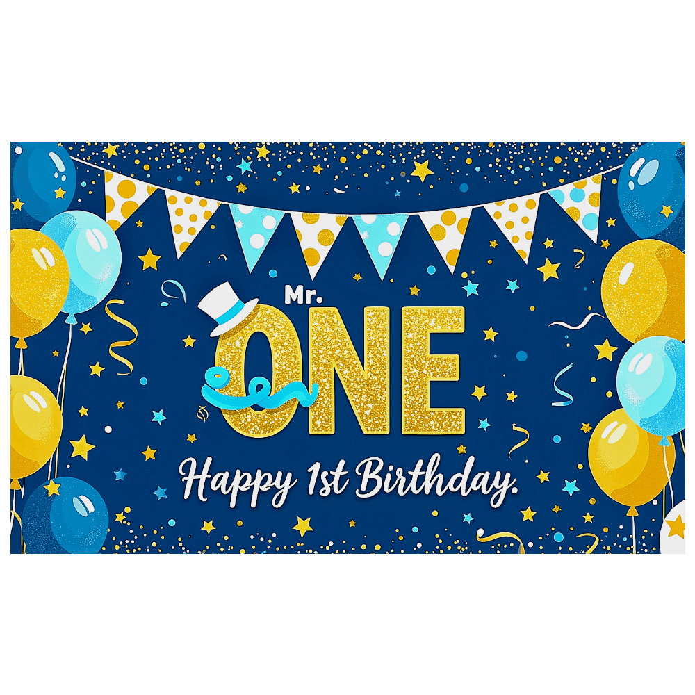 Blue Themed Happy 1st Birthday Backdrop Banner with Balloons Stars and ...