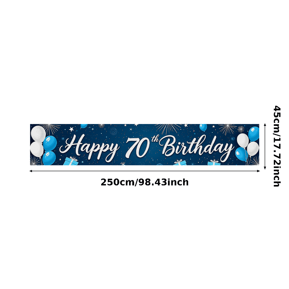 Blue Themed Happy 70th Birthday Banner with Balloons Fireworks and ...
