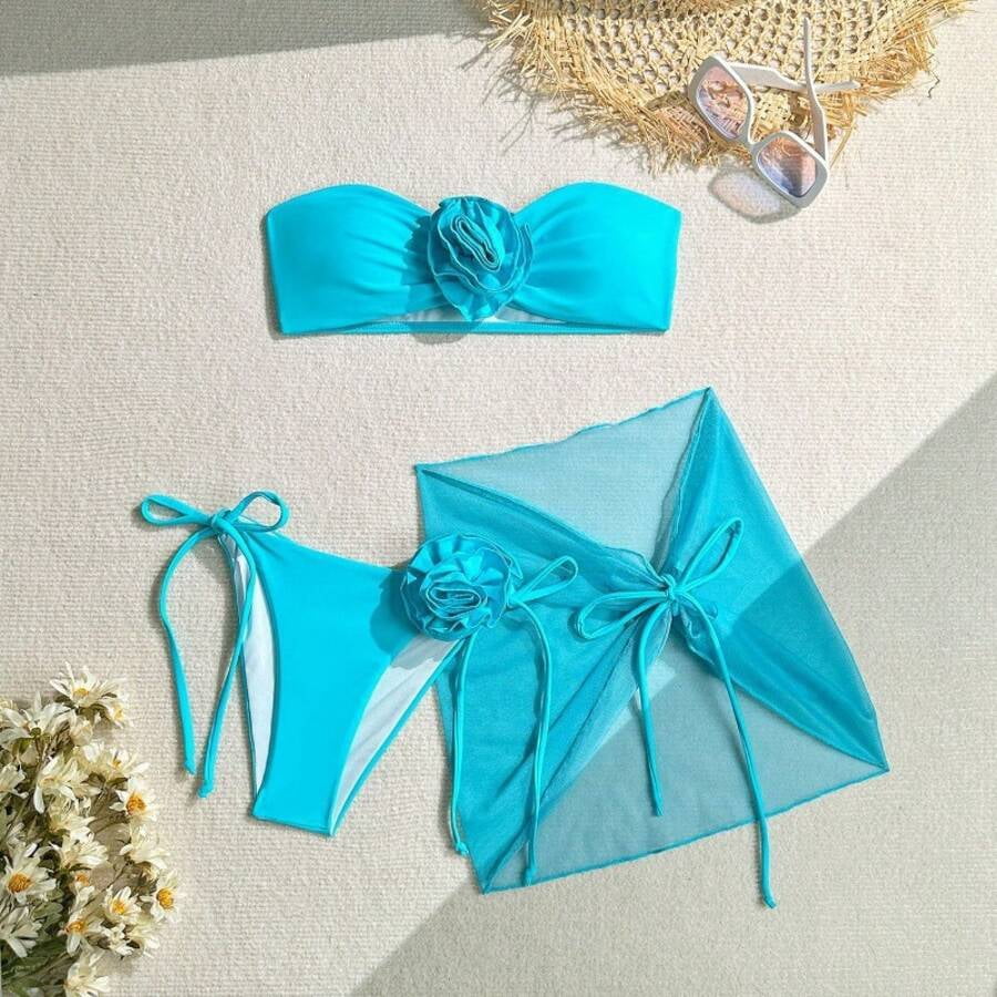 Blue Three-Piece Swimsuit Set With Tube Top, 3D Flower Detail, Tie-Side ...