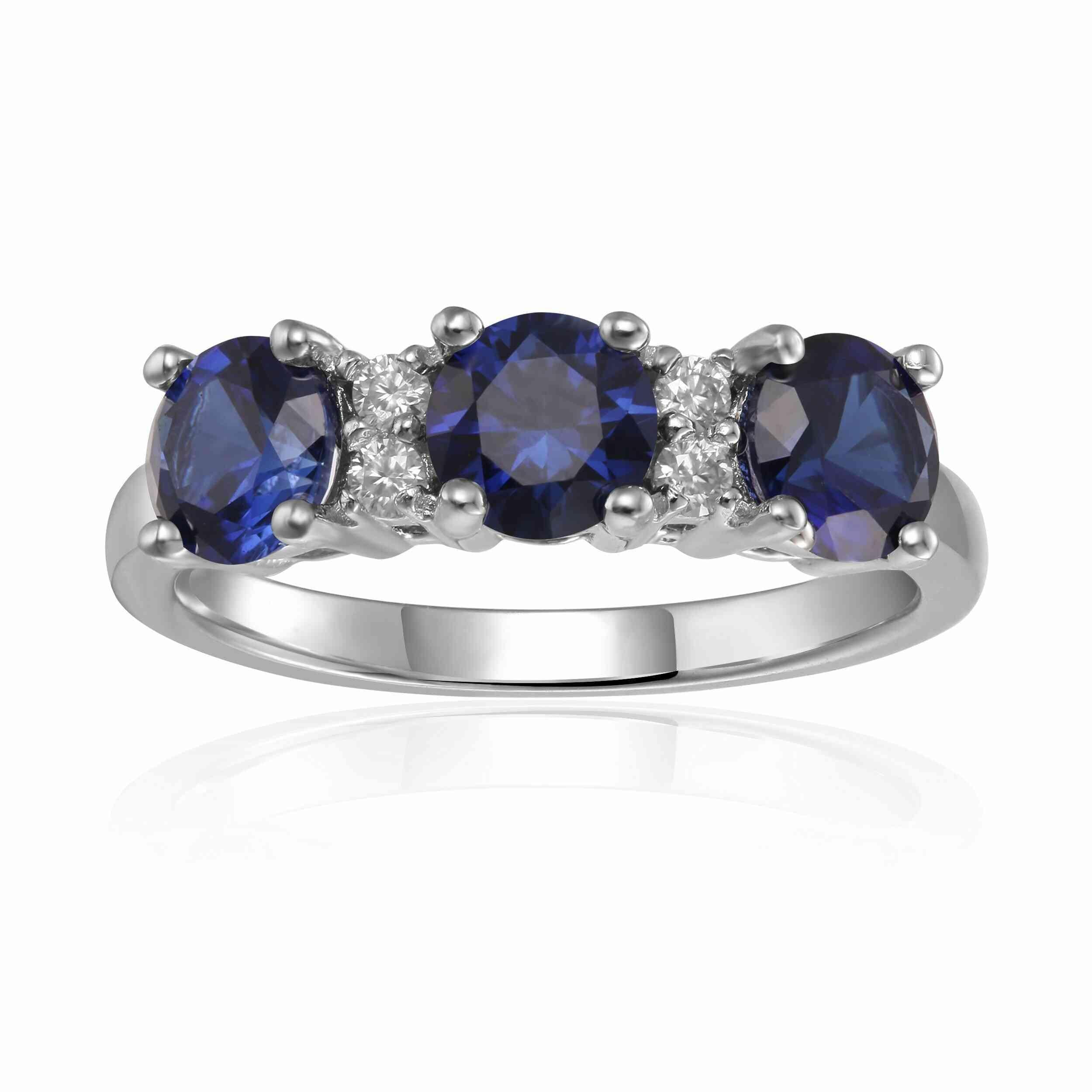 Blue Three Stone Round Sapphire Lab Grown September Birthstone Ring For ...
