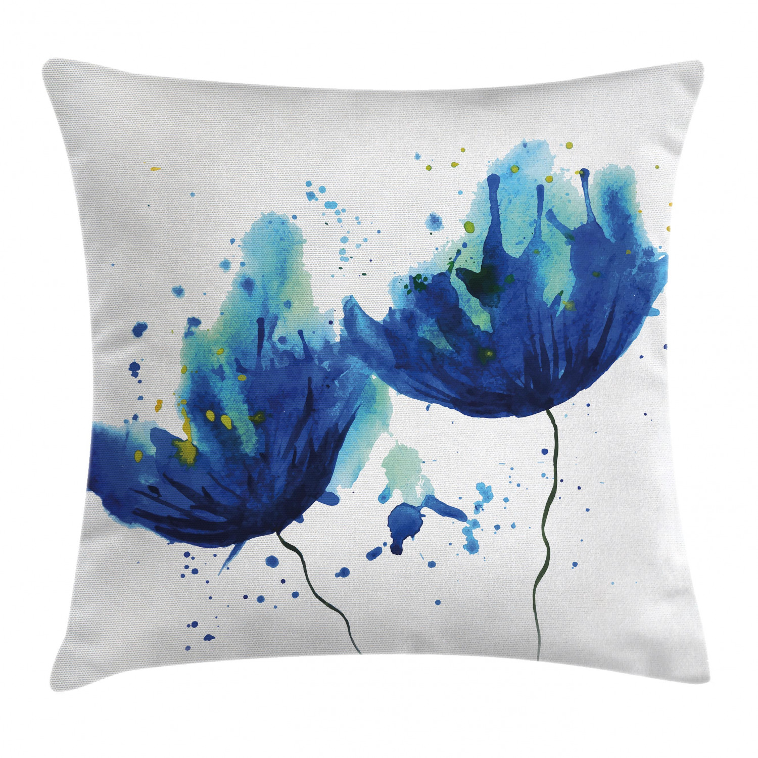 Blue Throw Pillow Cushion Cover, Watercolor Style Effect Floral Design ...