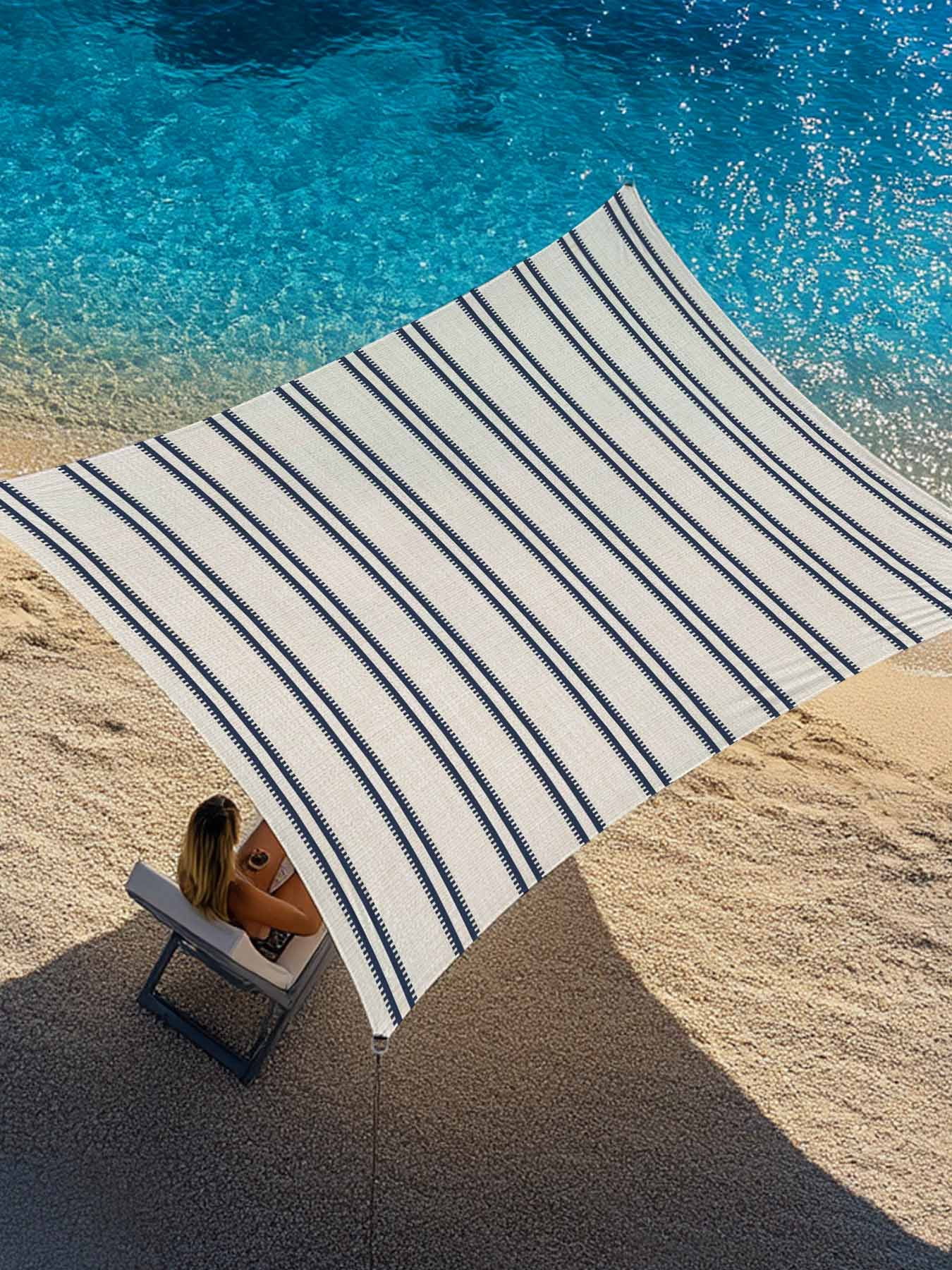Blue Ticking Stripe Sun Shade Sail 12' x 16', Coastal Vertical Lines ...