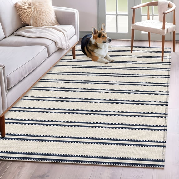 Blue Ticking Stripe Washable Area Rug 3x5 Coastal Vertical Lines Khaki ...