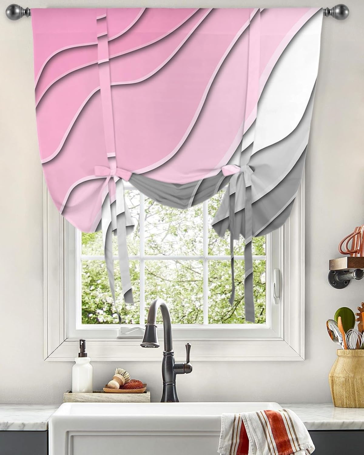 Blue Tie Up Curtains for Windows Modern Geometric Kitchen Curtain over ...