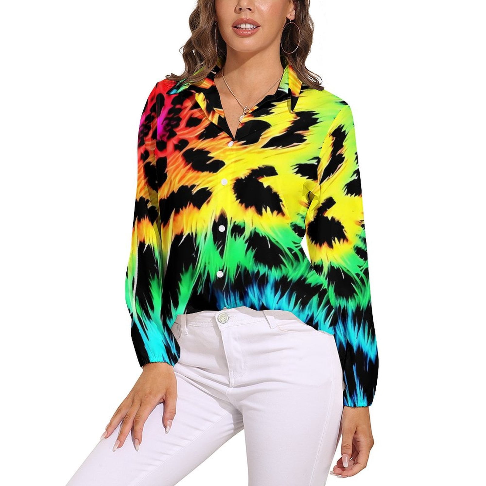 Blue Tie Dye Blouse Woman Abstract Art Print Casual Loose Blouses Long ...