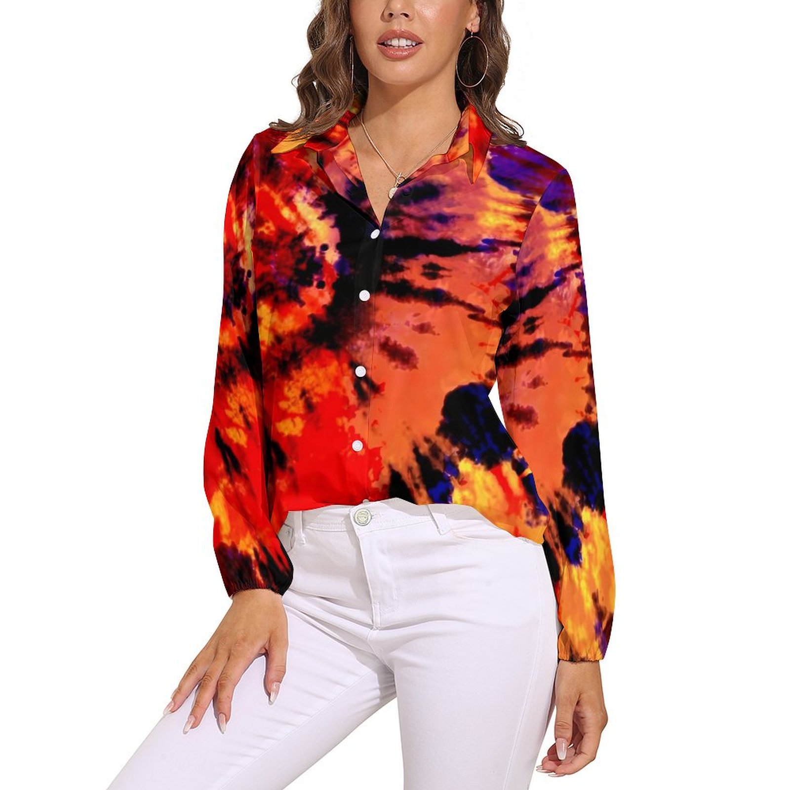 Blue Tie Dye Blouse Woman Abstract Art Print Casual Loose Blouses Long ...