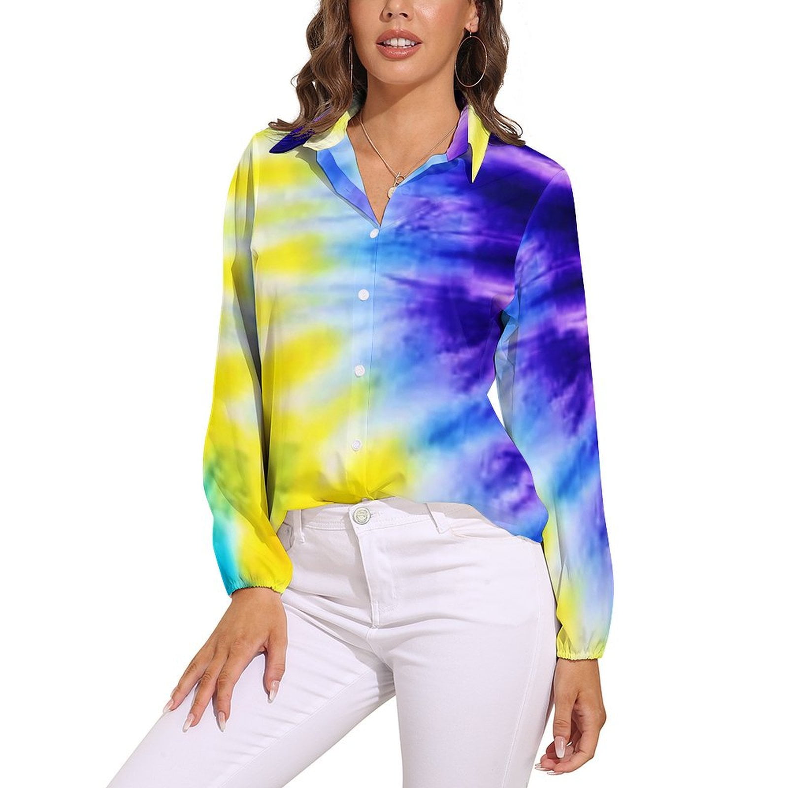 Blue Tie Dye Blouse Woman Abstract Art Print Casual Loose Blouses Long ...