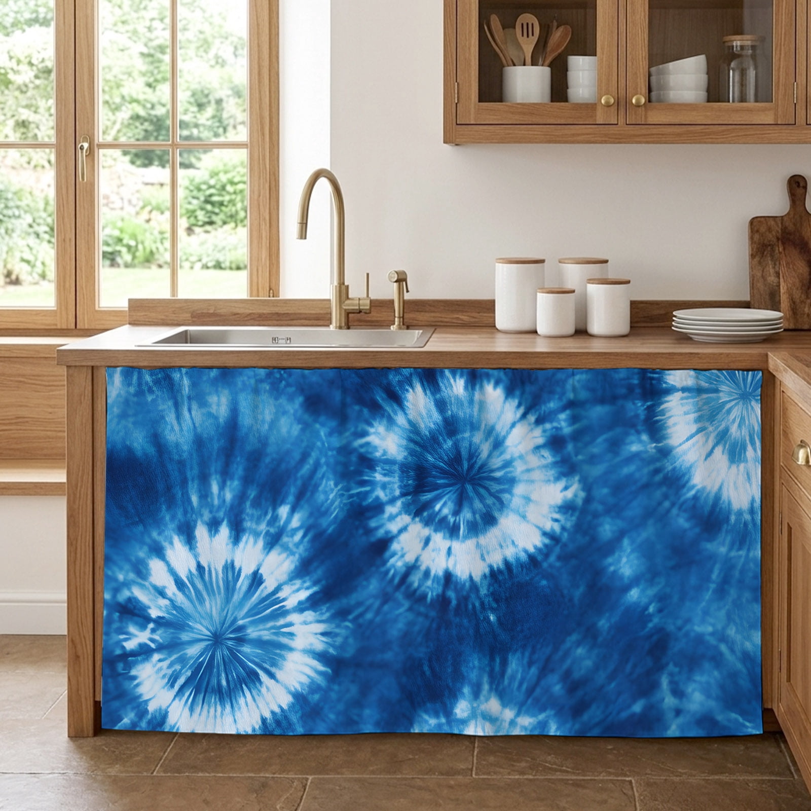 Blue Tie Dye Pantry Cabinet Curtains 28''x51'', Boho Ethnic Abstract ...