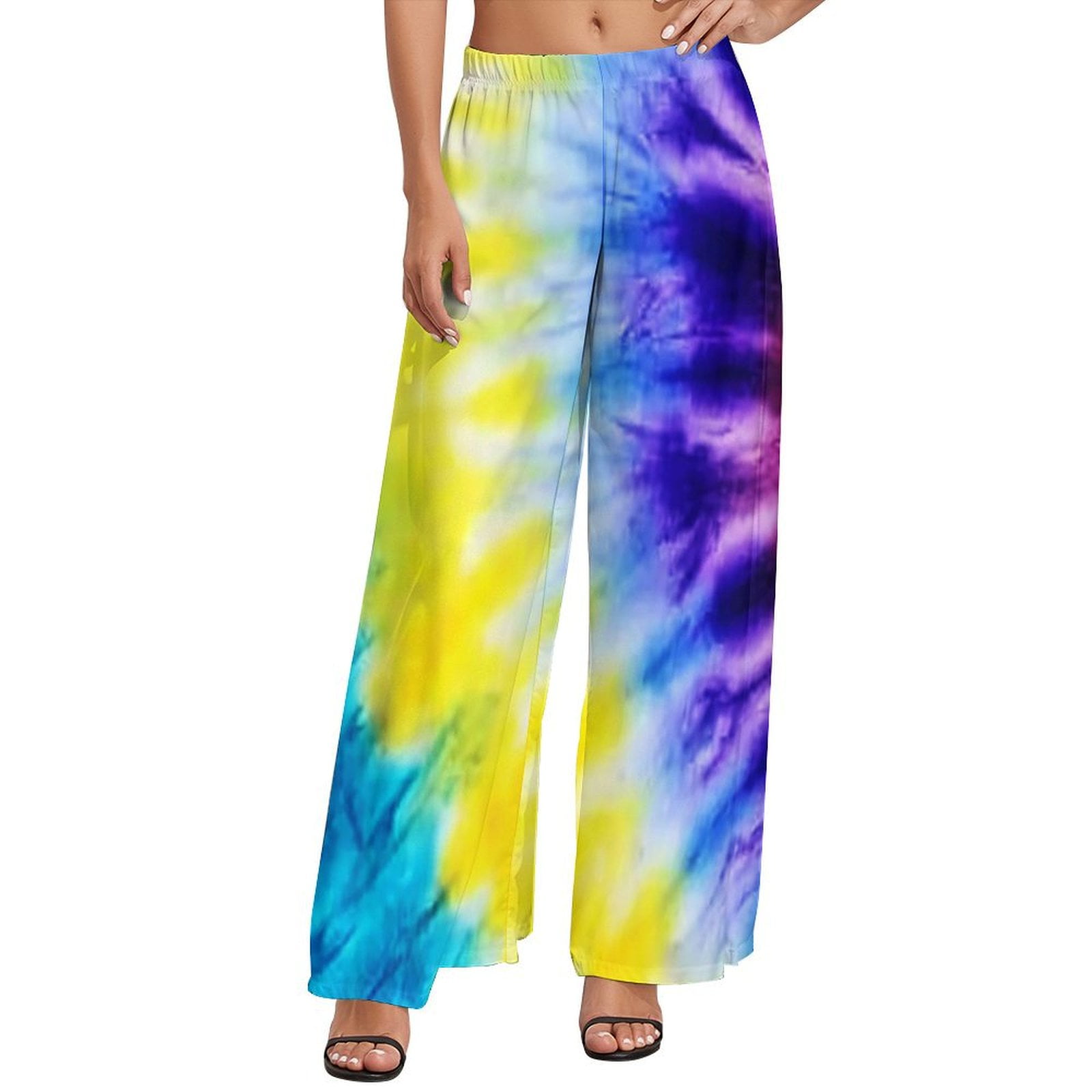 Blue Tie Dye Pants Elastic High Waist Abstract Art Print Home Trousers ...