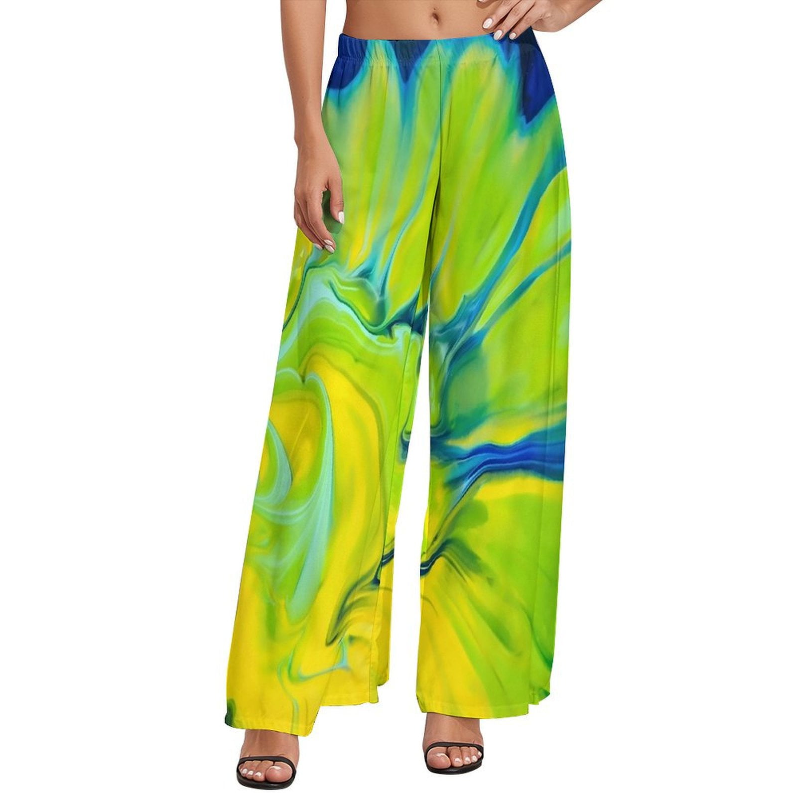 Blue Tie Dye Pants Elastic High Waist Abstract Art Print Home Trousers ...