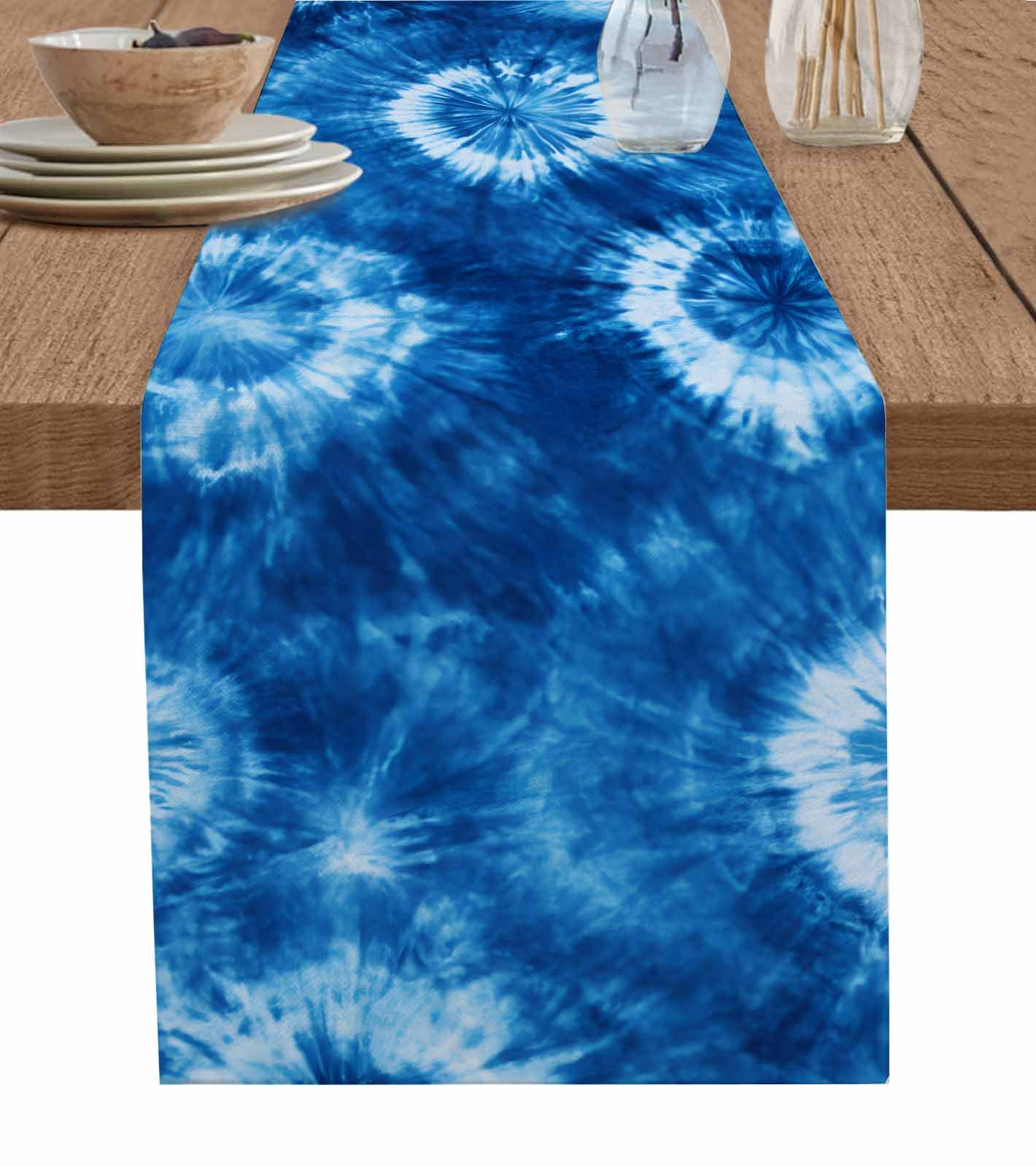 Blue Tie Dye Table Runner 72 Inches, Boho Ethnic Abstract Ombre Pattern ...