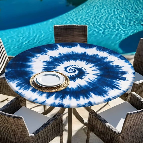 Blue Tie Dye Vortex Psychedelic Round Fitted Tablecloth with Elastic ...