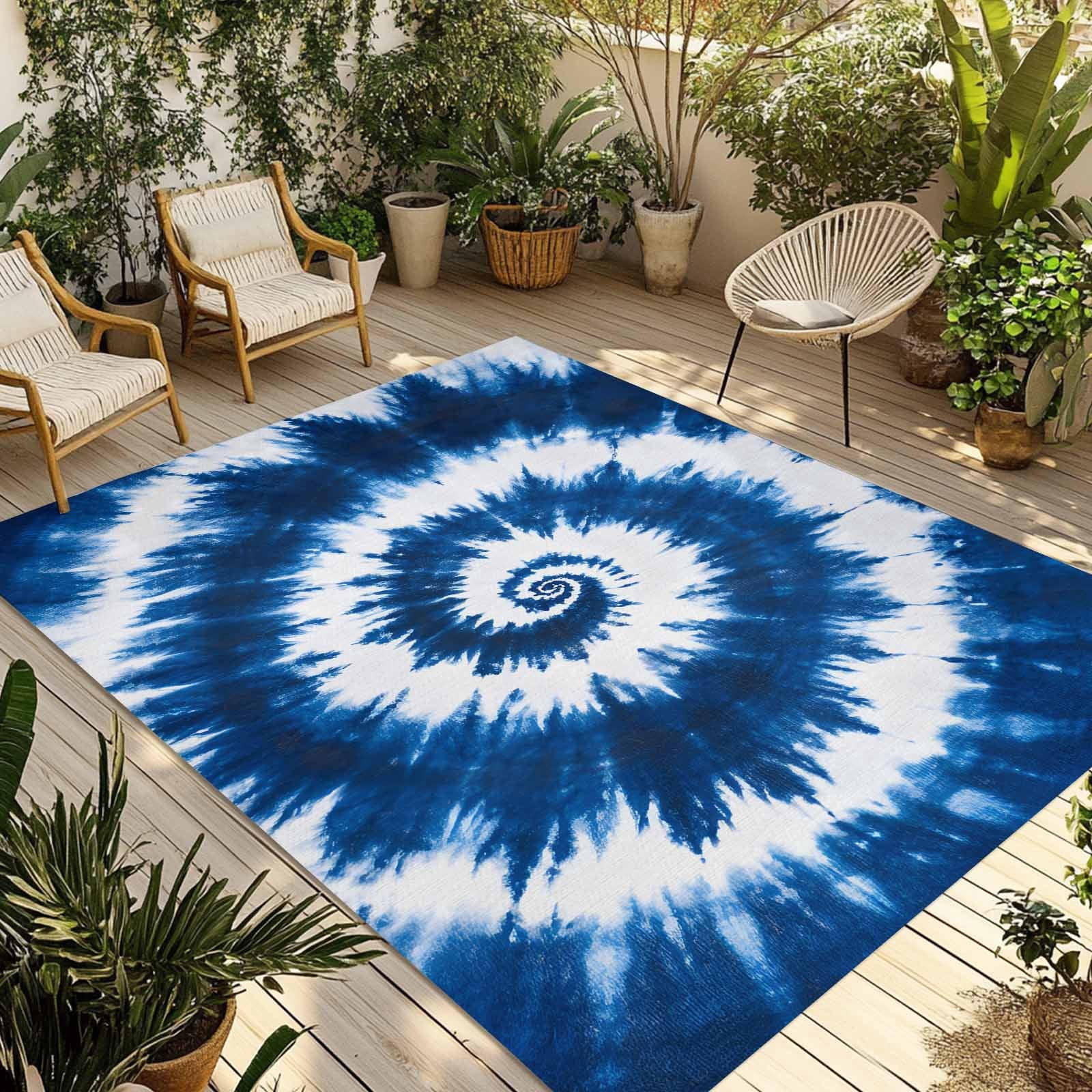 Blue Tie-dye Outdoor Rug, Chinese Style Abstract Ethnic Non-Slip Area ...