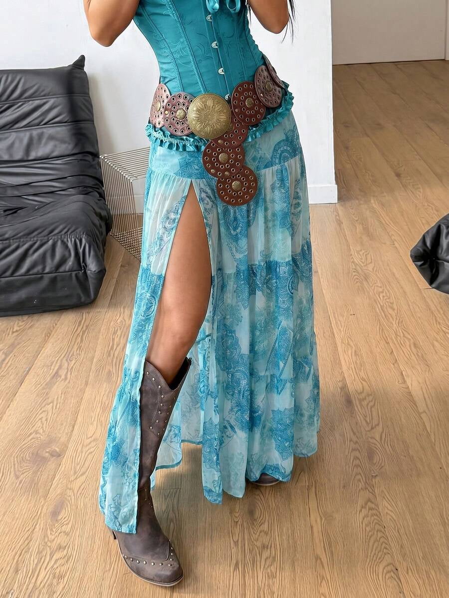 Blue Tiered Maxi Skirt With High Side Slit And Ornamental Medallion ...