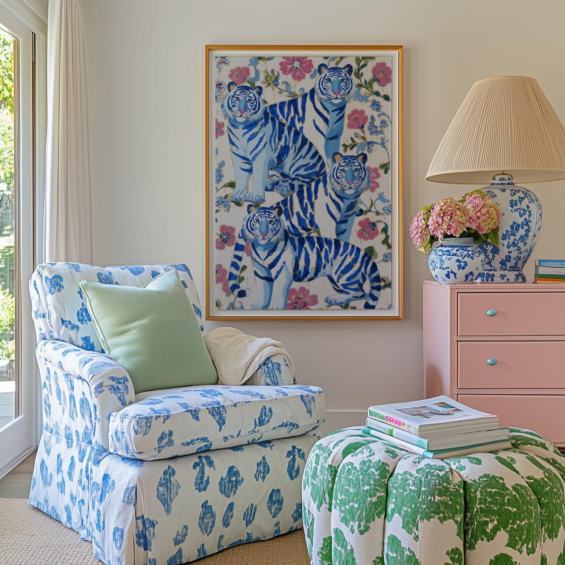 Blue Tiger Chinoiserie Maximalist Floral Poster Unframed Paper Print ...