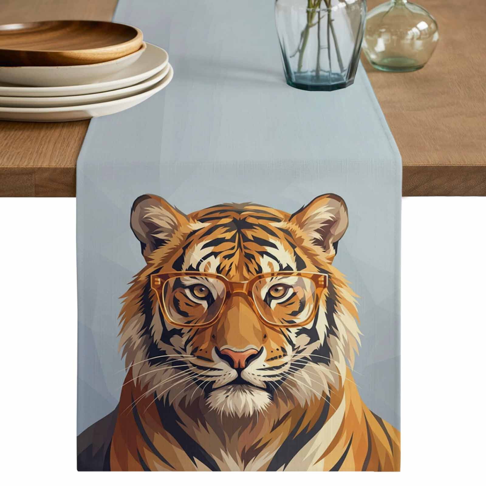 Blue Tiger Table Runner, Funny Animals Modern Art Washable Cotton Linen ...
