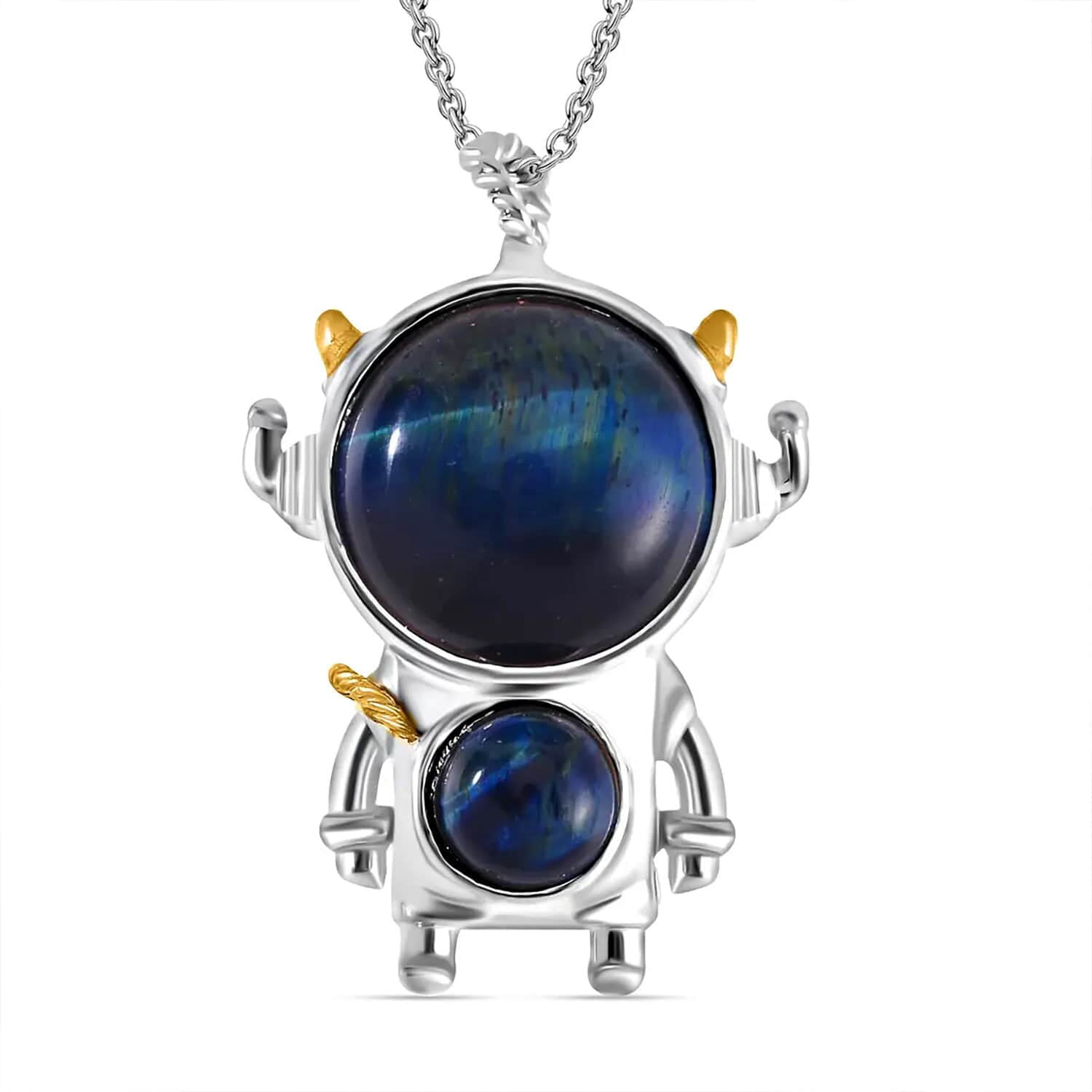 Blue Tigers Eye Round Mix Stainless Steel Chain Pendant Necklace for ...