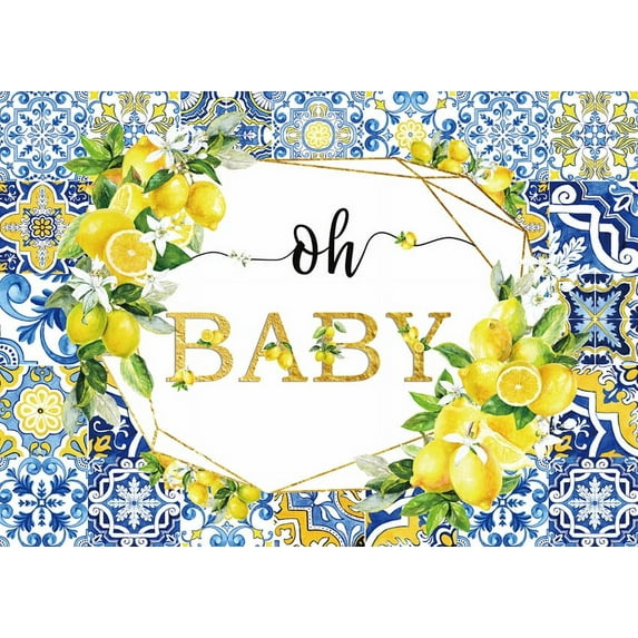 Blue Tile Floral Print Lemon Baby Shower Kids Birthday Party Wedding r ...