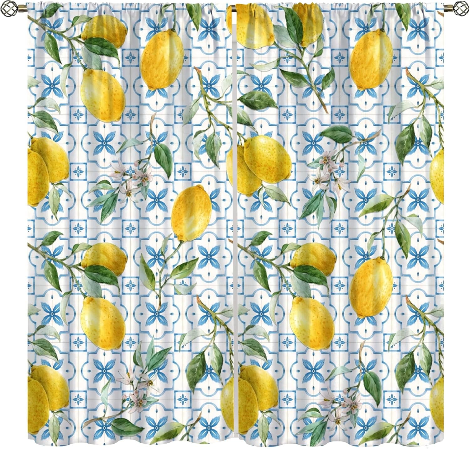 Blue Tile Lemon Curtains,Boho Hand Painted Watercolor Vintage Rustic ...