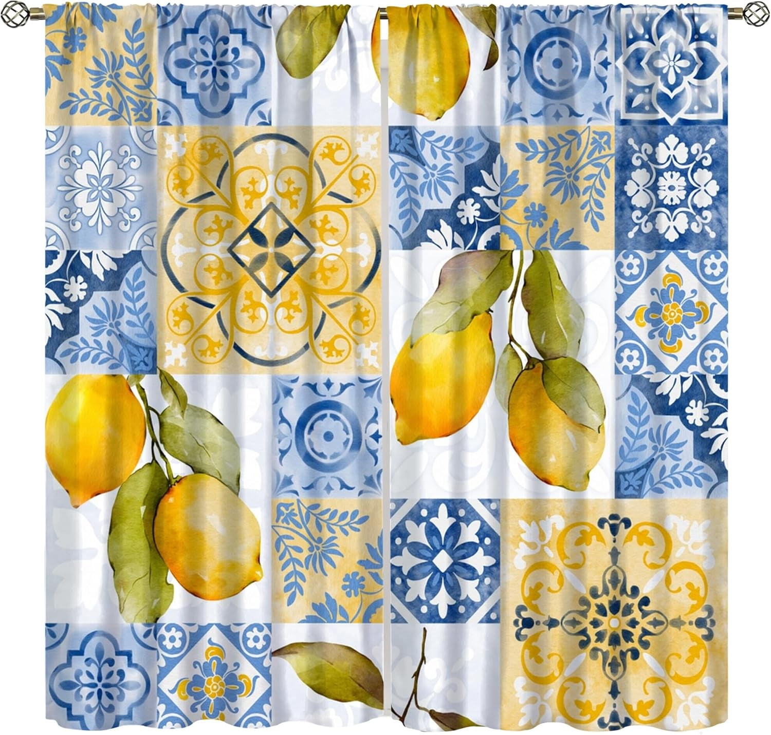 Blue Tile Lemon Kitchen Curtains, Vintage Marble Ethnic Texture Rustic ...