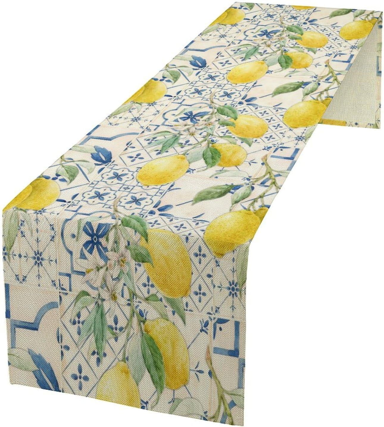 Blue Tile Lemon Table Runner, Italian Navy Blue Burlap Watercolor ...