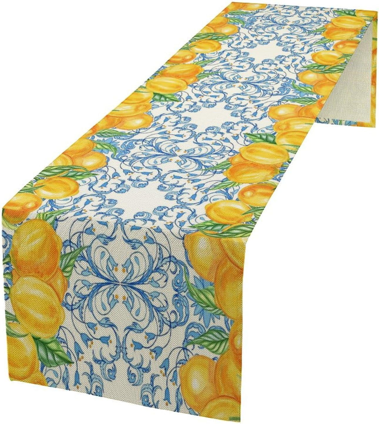 Blue Tile Lemon Table Runner, Vintage Watercolor Lemon Summer Tropic ...