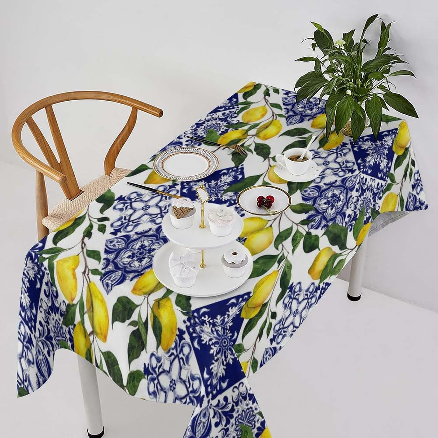 Blue Tile Lemon Tablecloth, Summer Fresh Lemon Florals Watercolor ...