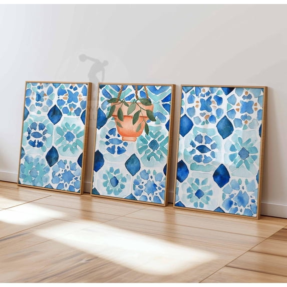 Blue Tile Mediterranean Coastal Kitchen Art Set 3 Unframed Paper Print ...