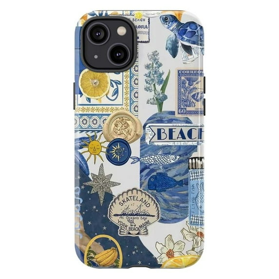 Blue Tile Sea Turtle & Lemon Collage Phone Case, Artistic Beach Ocean ...