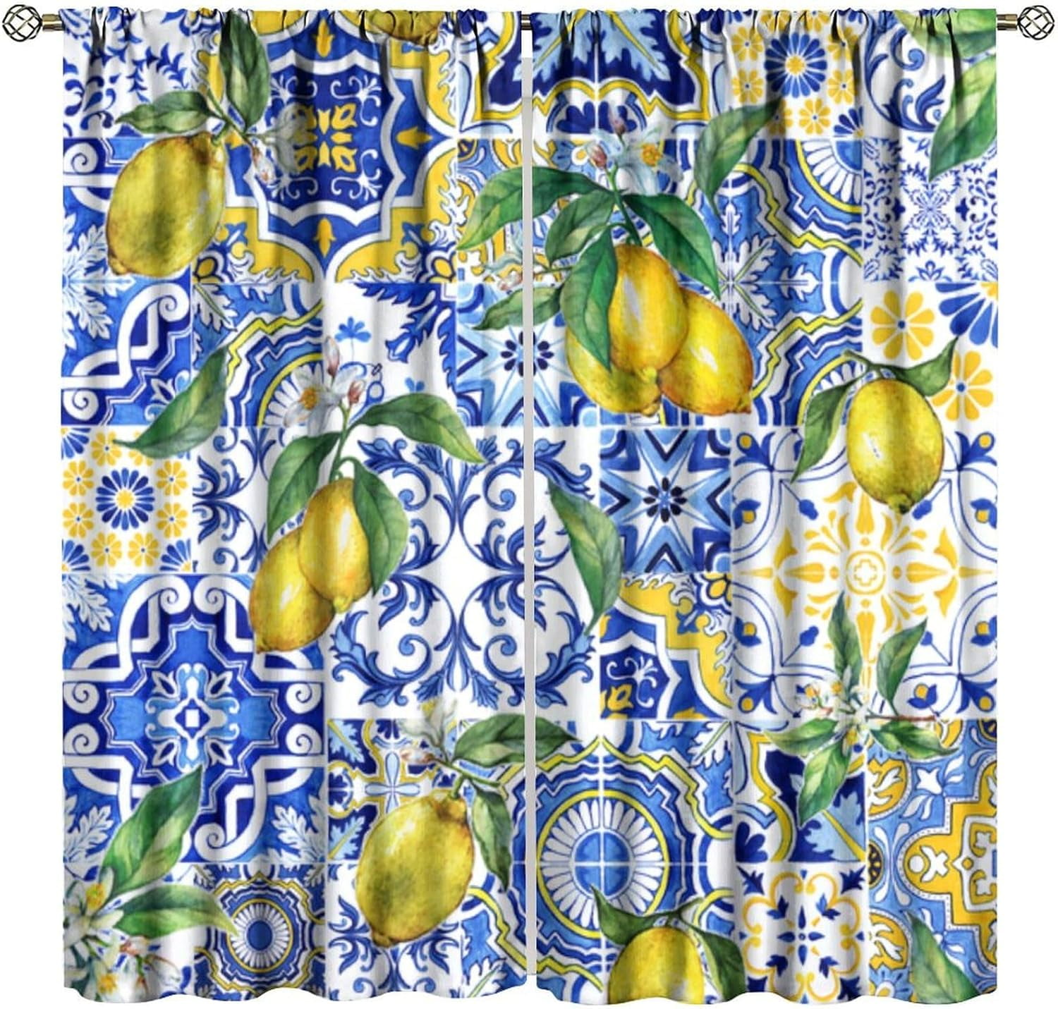 Blue Tiles Lemon Curtain, Summer Fruit Chic Home Window Decoration for ...
