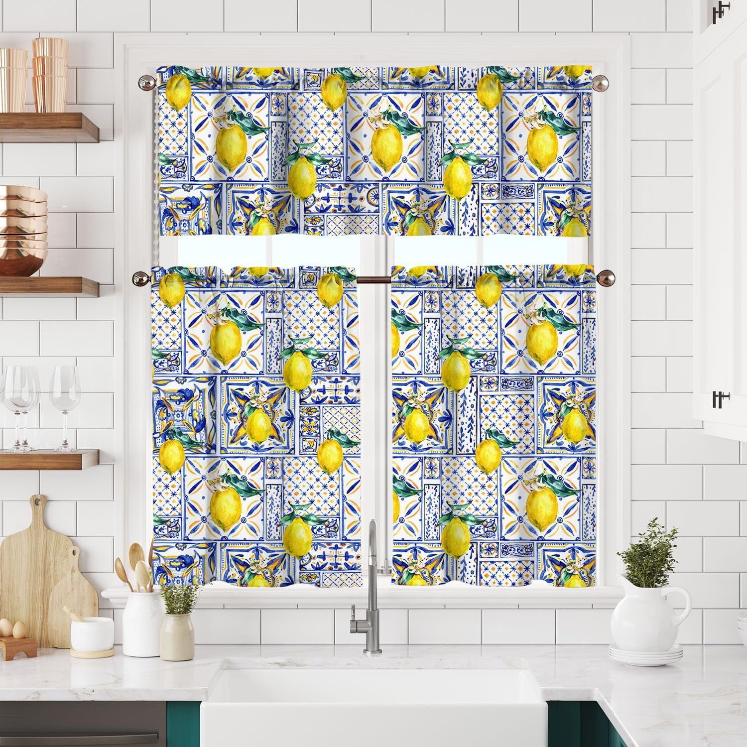 Blue Tiles Lemon Kitchen Curtains Short and Valance Set Fruit Chic ...