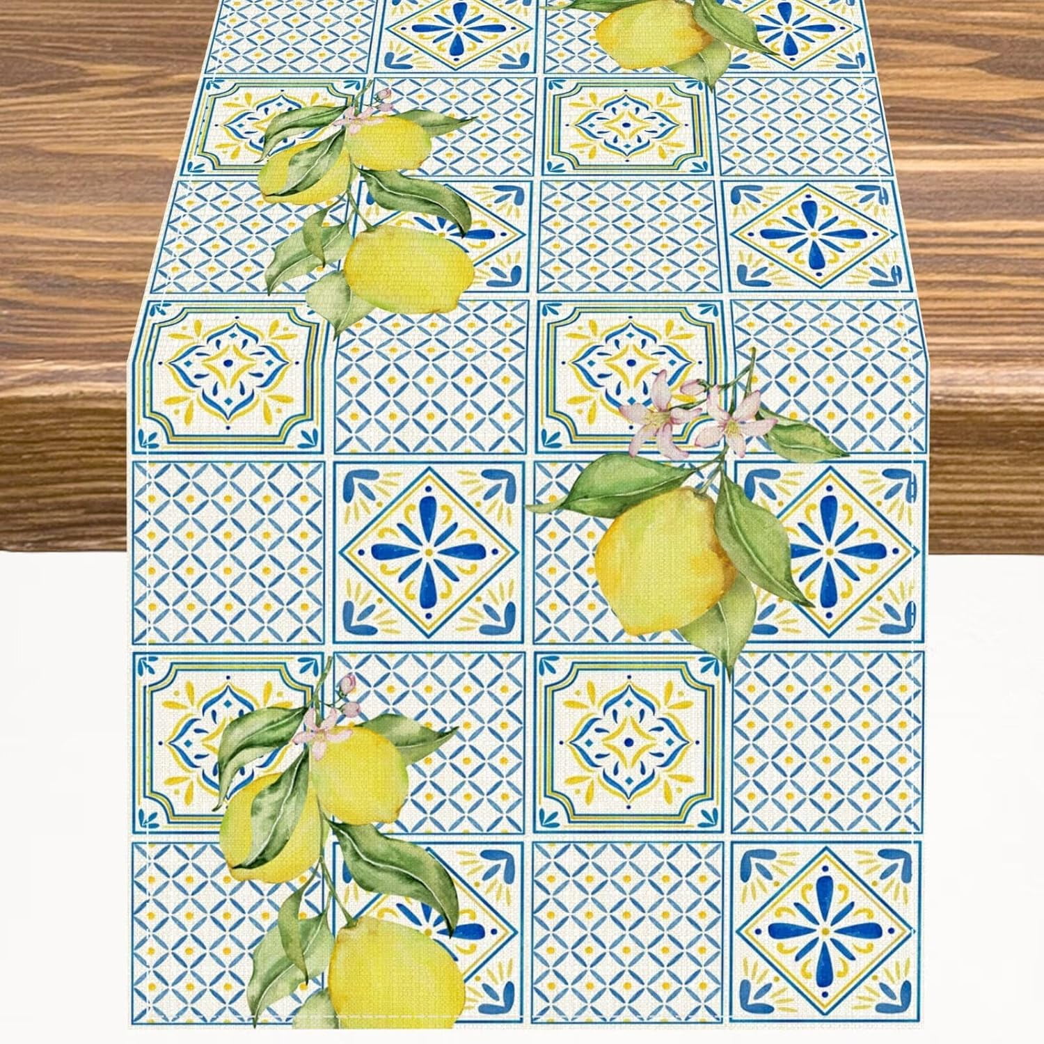 Blue Tiles Lemon Table Runner Fruit Chic Retro Rustic Kitchen Dinner ...